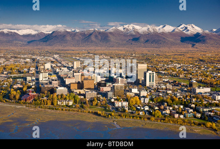 Aerial view of the downtown Anchorage skyline with Mt. Susitna ...