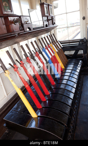 Old fashioned levers in signal box Stock Photo - Alamy