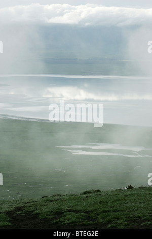 early morning landscape with lake, green grass in the foreground ...