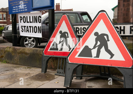 Roadworks and Polling Station Signs Stock Photo - Alamy