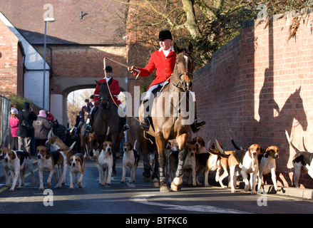 Atherstone Hunt, New Years Day. Riders head off from the Market Square ...
