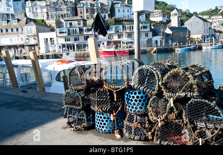 Cornish lobsters and lobster pots in a small boat Port Isaac harbour ...