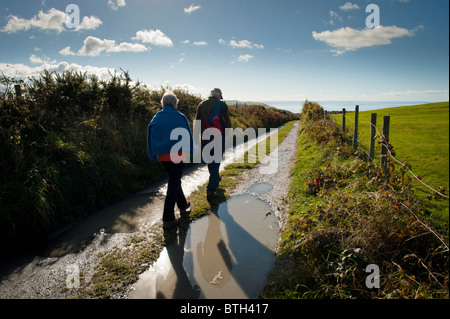 A couple of ramblers walk on a sunny day in springtime along a woodland ...