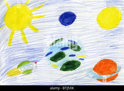 Child's drawing of space. Made by child Stock Photo - Alamy