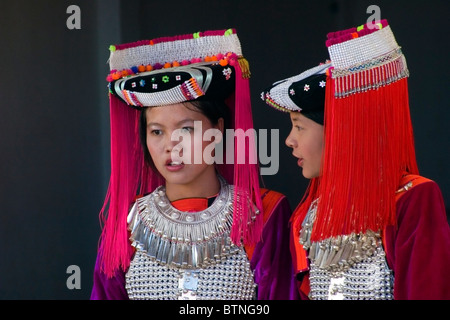 Ethnic Lisu women are wearing colorful traditional costumes a ceremony ...