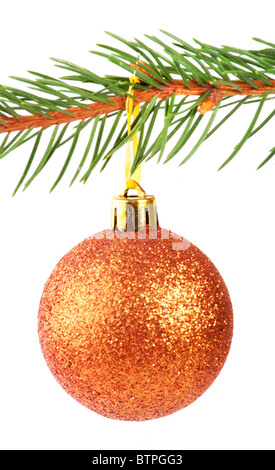 red christmas ball on fir tree branch with snow Stock Photo - Alamy