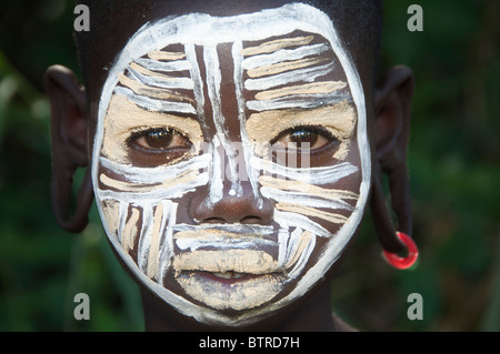 Surma girl with body paintings and distorted ears, Kibish, Omo River ...