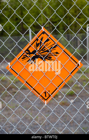 Metal explosives sign with orange warning label isolated on a white ...