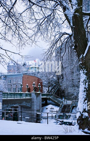 Park with snow and Hotel Chateau Frontenac Old Quebec City, Quebec ...