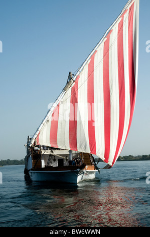 A dahabiya sailing on the river Nile Egypt, near the bank with palms ...