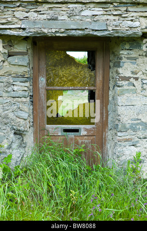 Derelict traditional period old stone cottage overgrown by wilderness ...