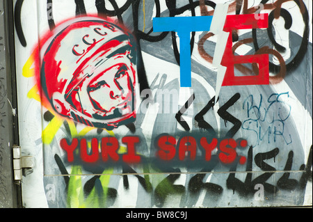 A mural of Soviet cosmonaut Yuri Gagarin is seen on a Soviet-era ...