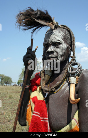 Portrait of old Mursi woman. The Mursi women are famous of wearing ...