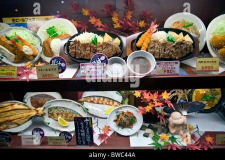 Fake plastic food on a restaurant display vitrine. Showing the food in ...