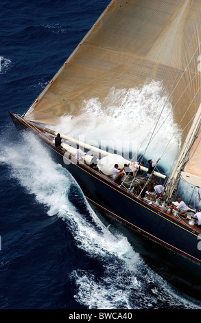 Aerial shot of yacht sailing over Cape Cod Canal near Bourne bridge ...