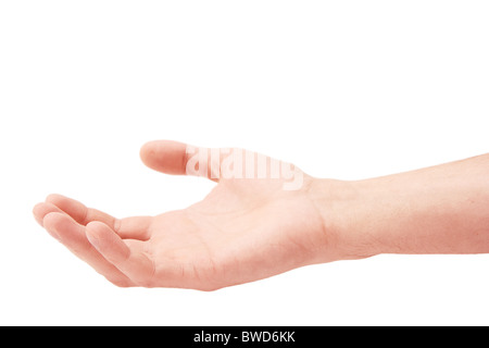 Extended male arm with open palm isolated on white background Stock ...