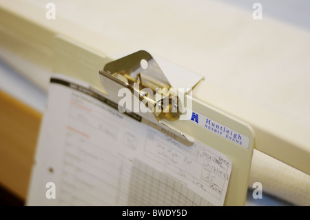 Hospital clipboard with medical notes at the end of a patient's bed ...