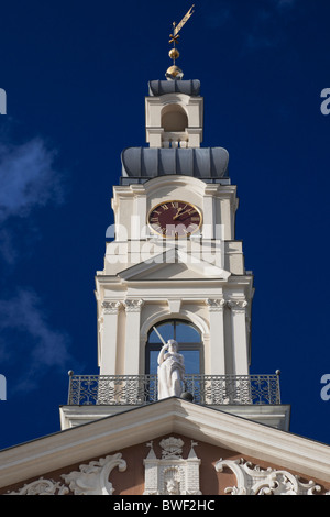 The clock tower of Riga City Hall in Riga, Latvia. Historic ...