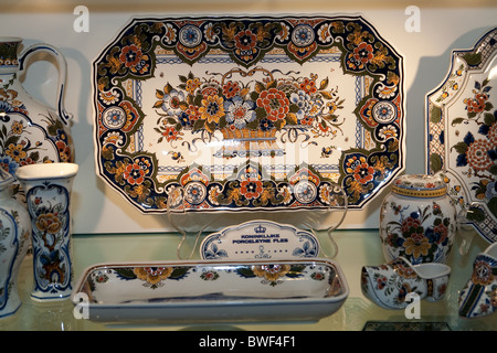 Delft porcelain on display in a shop window, Amsterdam, Netherlands ...