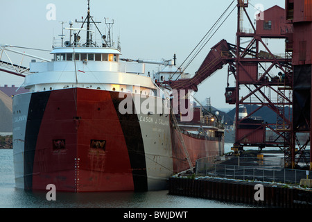 on a Laker Ship on the Great Lakes at night engine room view of main ...