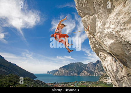 woman falling fall protection roping rope cliff wall rock climbing free ...