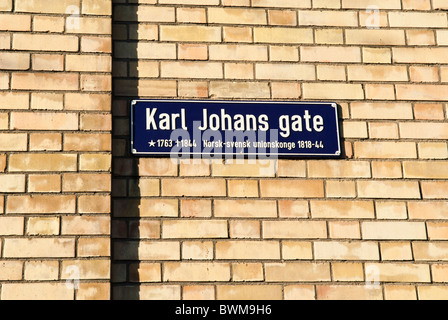 Karl Johans gate street sign on stone wall , Oslo, Norway Stock Photo ...