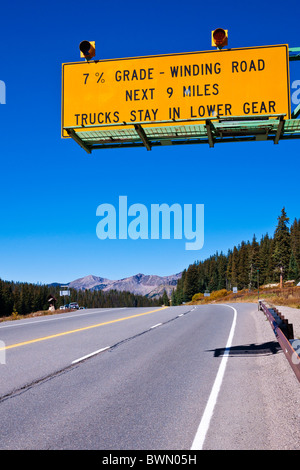 Steep grade warning sign on Wolfe Creek Pass, Rio Grande National ...