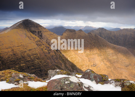 View from the summit of Beinn Alligin over the Torridon Mountains ...
