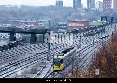 Manchester Metrolink tram in snow, during testing on the East ...