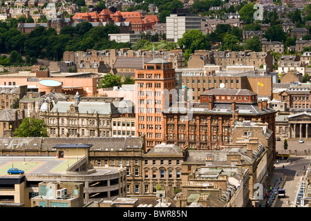 Aerial view of Dundee city centre and pedestrians walking on the icy ...