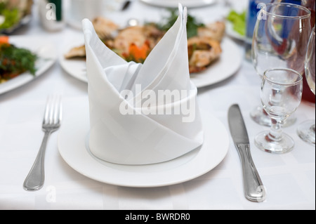 served dinner for one person at laid restaurant banquet table Stock ...