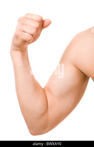 Closeup of male bare arm elbow and biceps isolated on white background ...