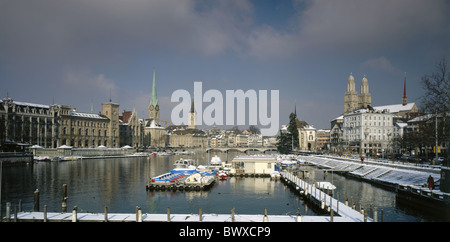Limmat river flow Limmat quai snow snowfall Switzerland Europe ...