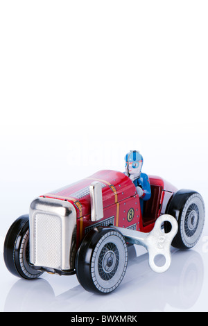 Old clockwork tin toy car with winding key painted as a Fire Department ...