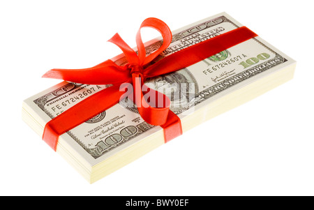Photo of pack of dollars decorated with red ribbon over white ...