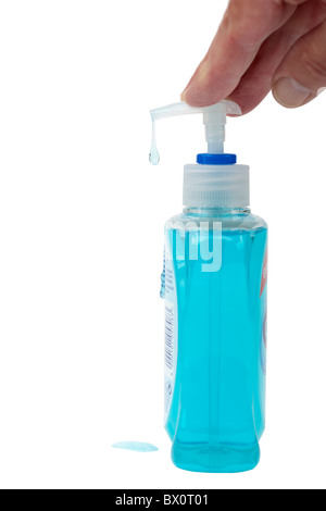 Green liquid soap dripping on a blue sponge on a white background Stock ...