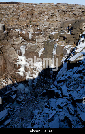 A frozen Kinder Downfall waterfall, Kinder Scout, Pennine Way, Peak ...