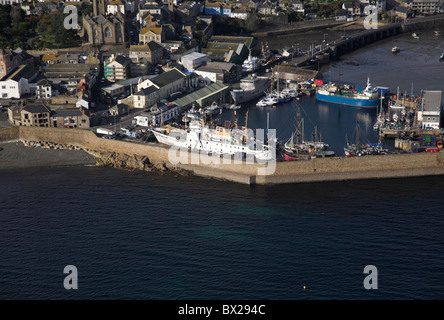 Aerial view Isles of Scilly ferry the Scillonian in dock at Penzance ...