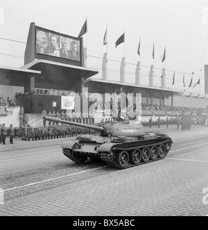 Prague, tanks during military parade advancing down Masaryk Stadium ...