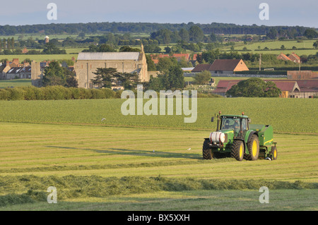 Mechanized cutting of red clover for animal haylage, Cotswolds, UK ...