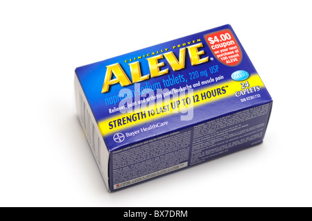 Aleve (Naproxen) over-the-counter pain medicine photographed in a ...