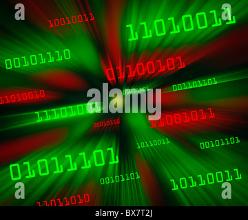 Red and green bytes of binary code flying through a vortex. Horizontal ...