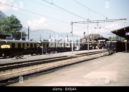 Interlaken Ost or Interlaken East railway station reflected in pool ...