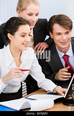 Group of three people working together. teamwork concept; panoramic ...