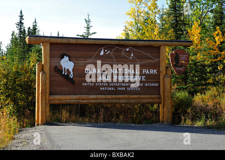 Denali National Park Entrance sign at Riley Creek. Alaska, USA Stock ...