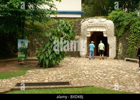 Maya earth monster entrance to the Copan Sculpture Museum at the Mayan ruins of Copan, Honduras ...