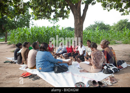 Community gathering under village tree, Sehitwa, Botswana, Africa Stock ...