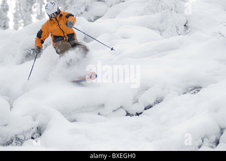 Telemark skier making a turn in powder snow on rugged terrain in ...