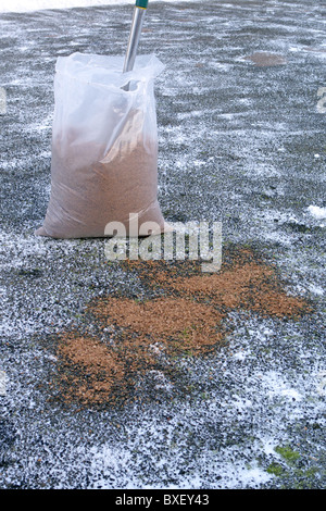 Bag of Rock Salt (Grit) on an Icy Driveway with Spade Stock Photo - Alamy