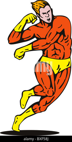 Illustration of superhero punching front full body front view isolated ...